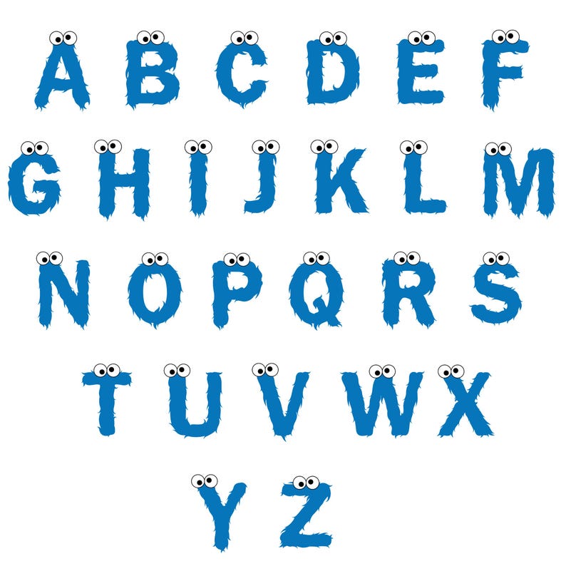 Blue Monster Puppet Font: Retro Cookie Cartoon Alphabet (PNG, SVG, PDF ...