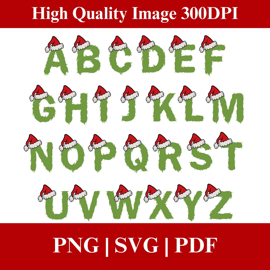 Grinch Font PNG SVG, Grinchy Santa Cap Alphabets: Merry Xmas Letters ...