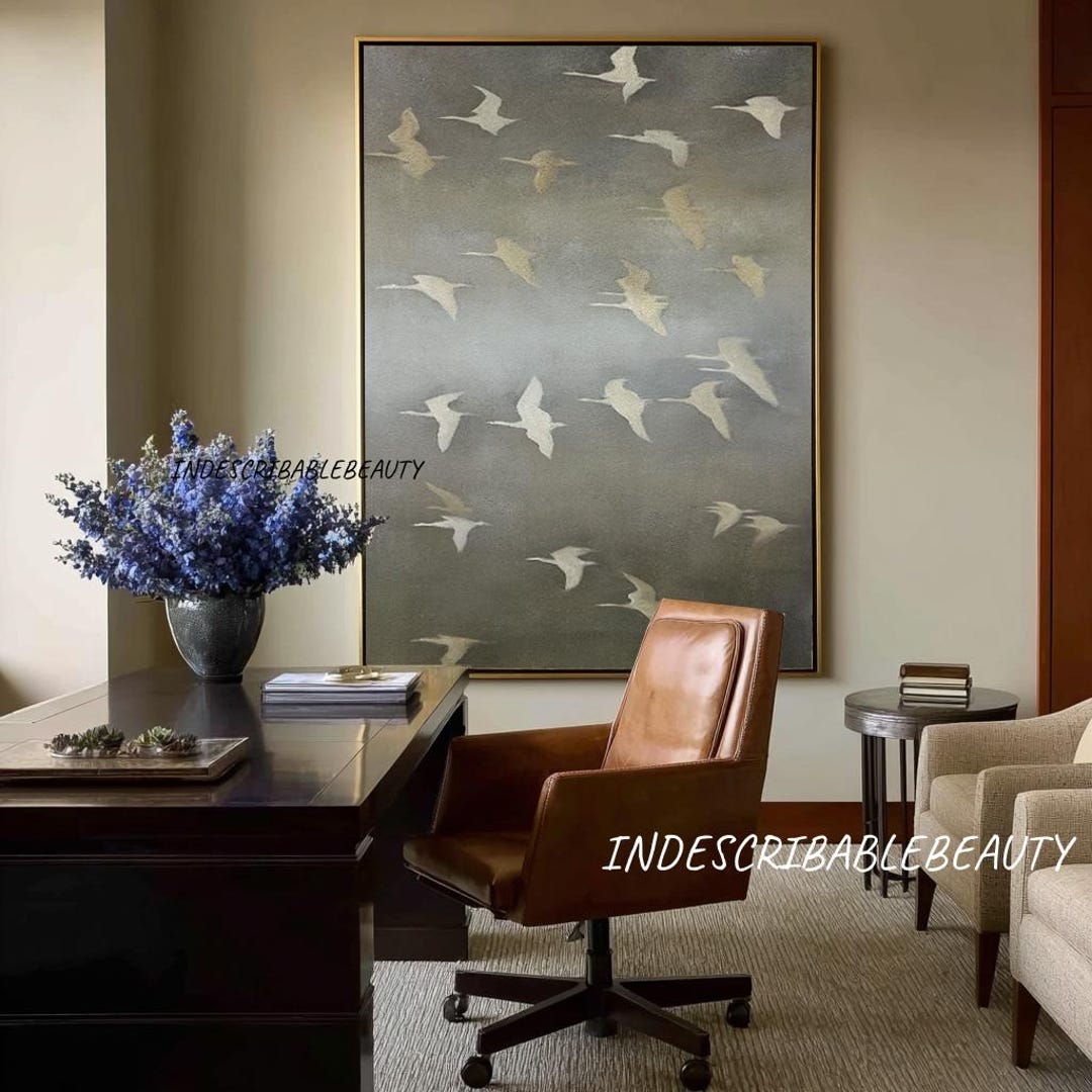 Original Bird Oil Painting: Flying Flock of Birds in Neutral Tones ...
