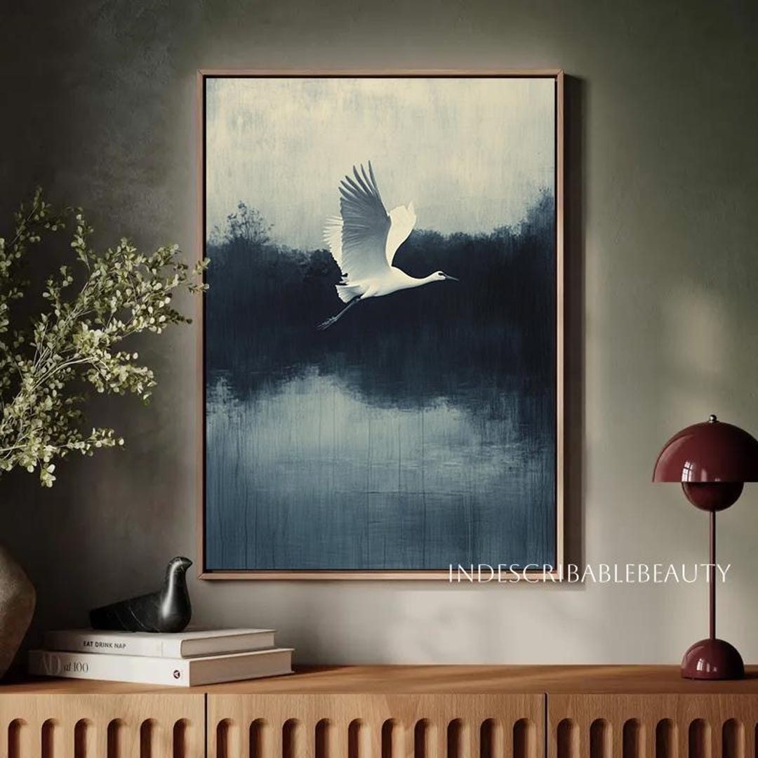 Handmade Crane Oil Painting on Canvas: Japandi Emerald Blue Wall Art - Etsy