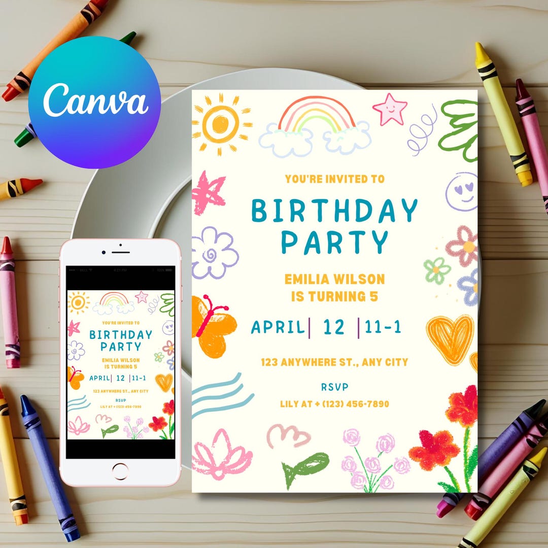 Editable Bright Crayon Birthday Invitation - Doodle Drawings, Fun Party ...
