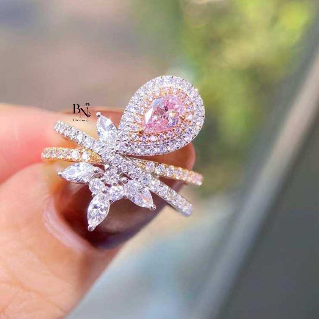 Fancy Pink Lab Diamond Engagement Ring | Double Halo Pear Ring | Two ...