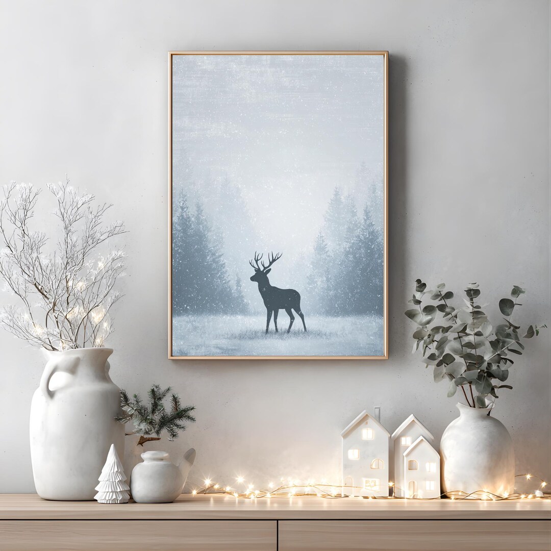 Winter Deer Silhouette Wall Art – Snowy Forest Poster – Minimalist ...