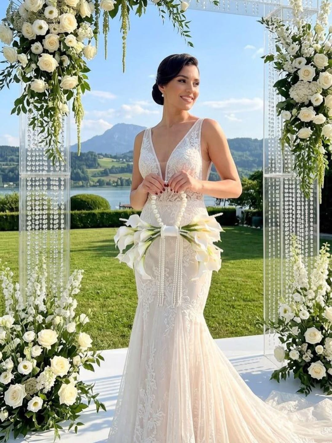Artificial Calla Lily Pearl Hoop Bouquet, White Roses, Wedding Flowers ...