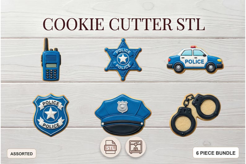 Police Cookie Cutter STL Bundle, Badge Handcuffs Patrol Car Set, Law ...