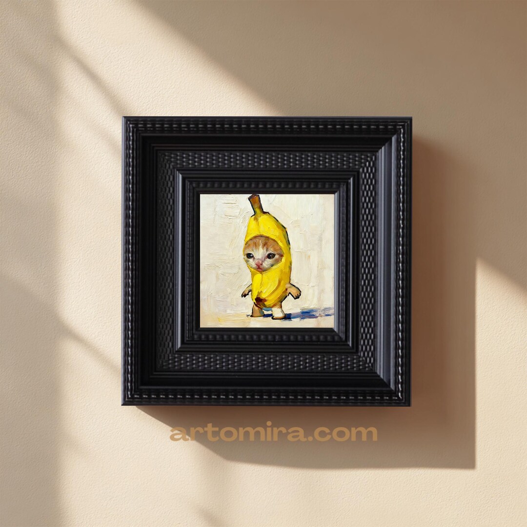 Banana Peel Cat Meme Mini Painting | Funny 4X4 Inch Cat Art | Cute ...