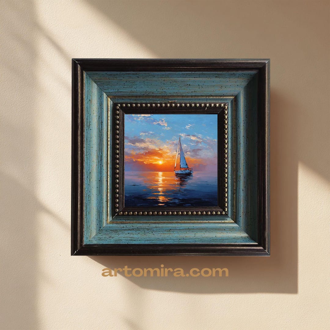 Mini Sailboat Sunset Oil Painting, 4x4 Inch Framed Art, Hand-painted ...