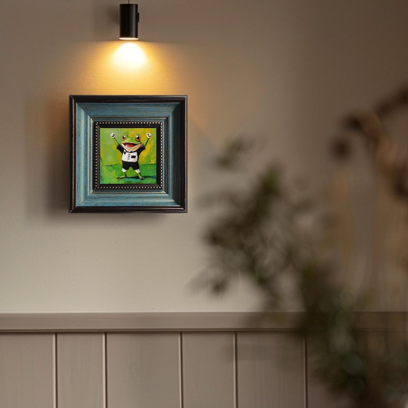 Mini Original Oil Painting, Happy Frog Soccer Champion, Handmade Tiny ...