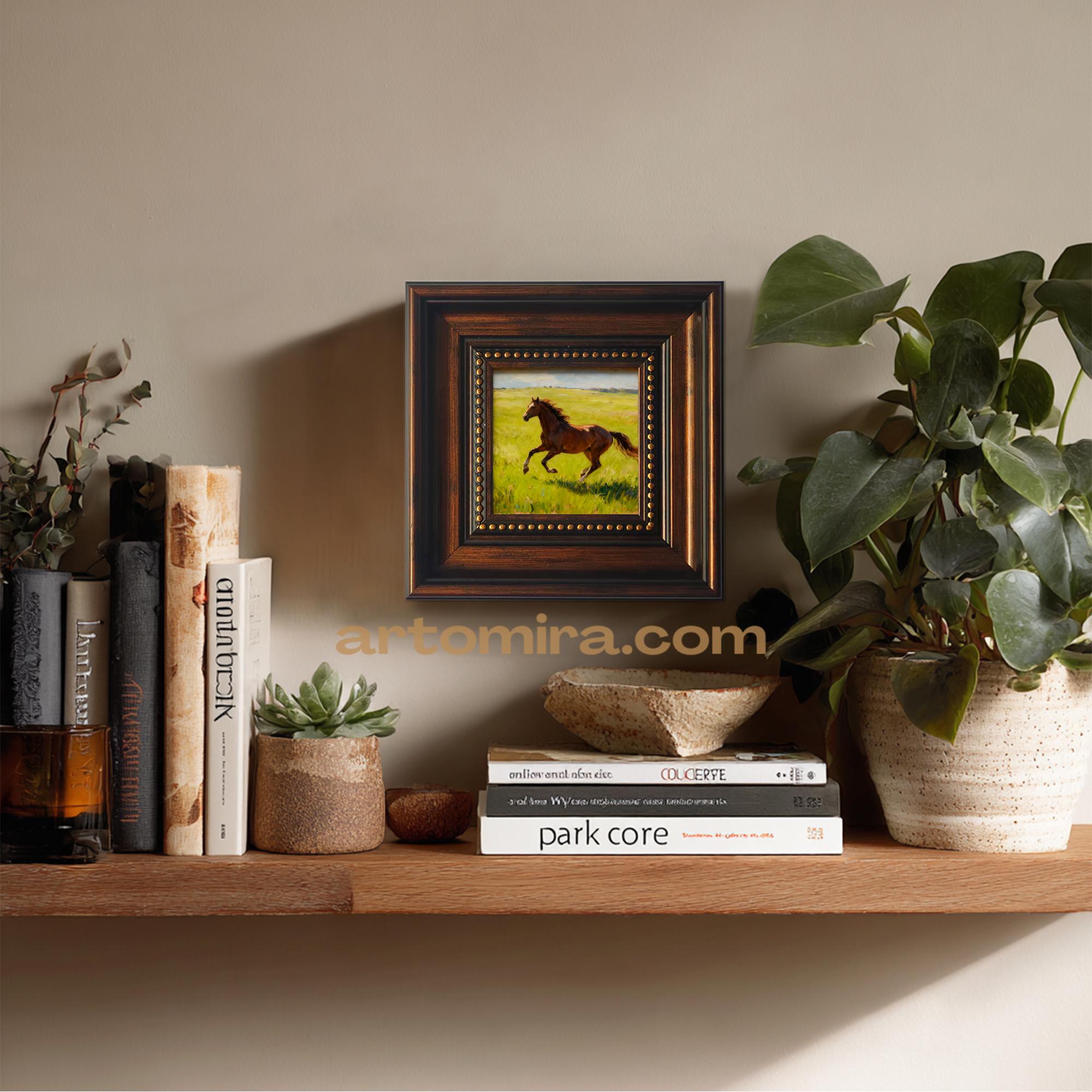 Mini Horse Oil Painting，running Horse in Meadow, 4x4 Inch Frame Art ...