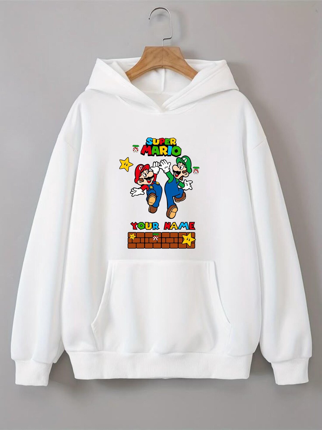 Personalised Super Mario Hoodie, Mario Custom Name Text Hoodie, Super ...