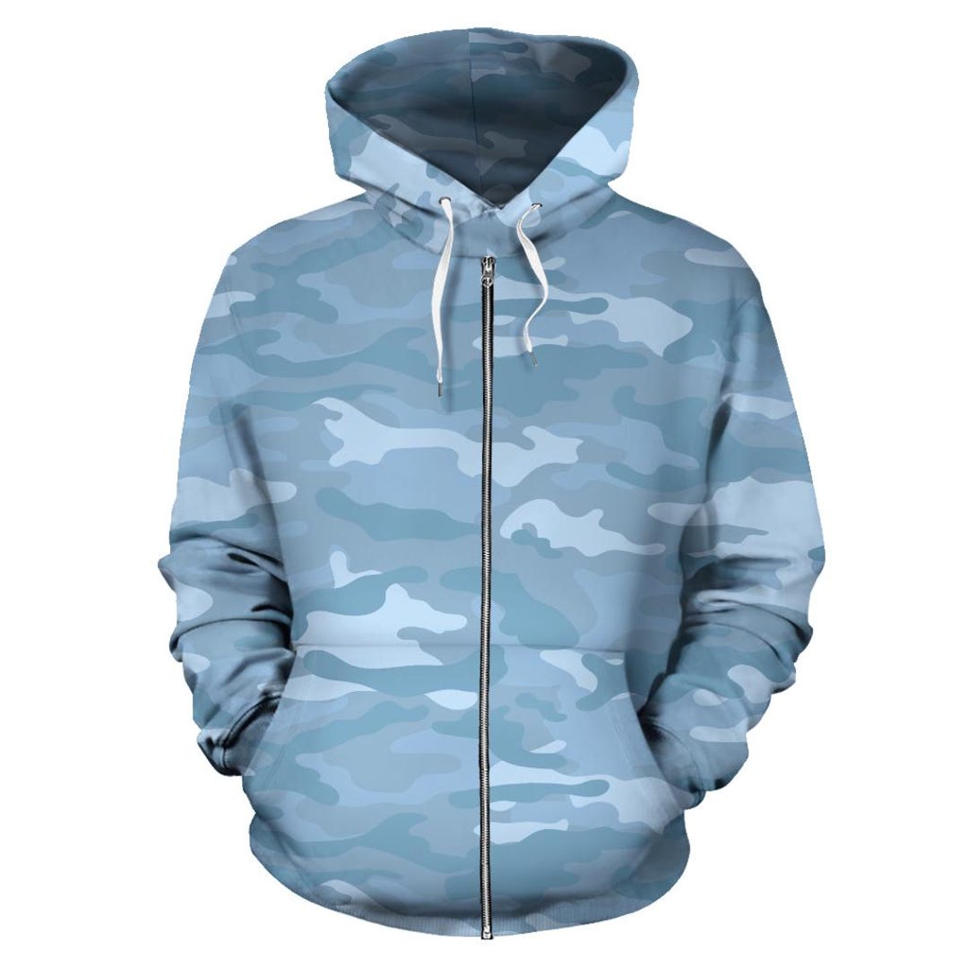 Light Blue Zip-up Camouflage Hoodie, Unisex Men's Women's Camo Zip up ...
