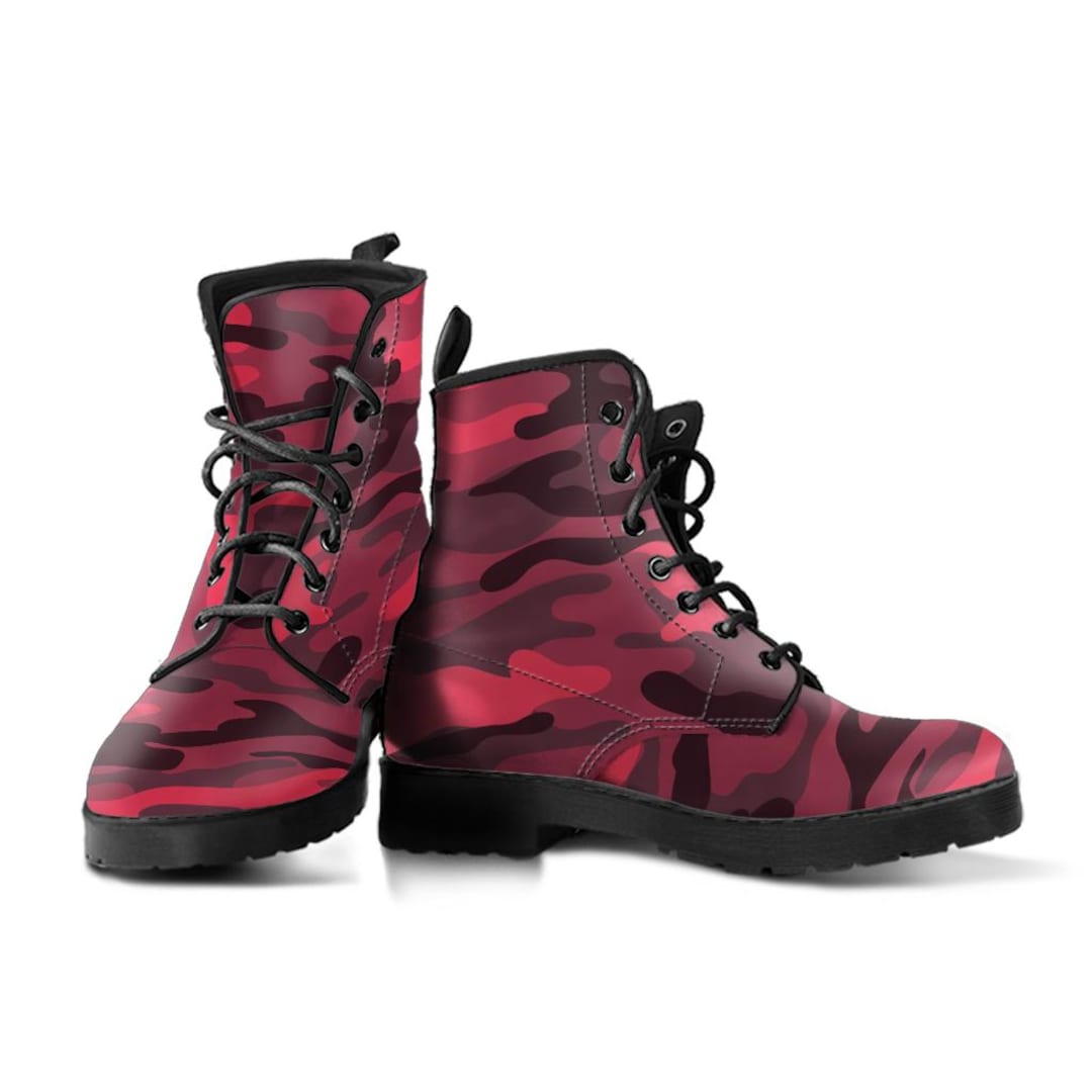 Dark Red Camouflage Combat Boots, Unisex Men's Women's Camo Boots, Mens ...