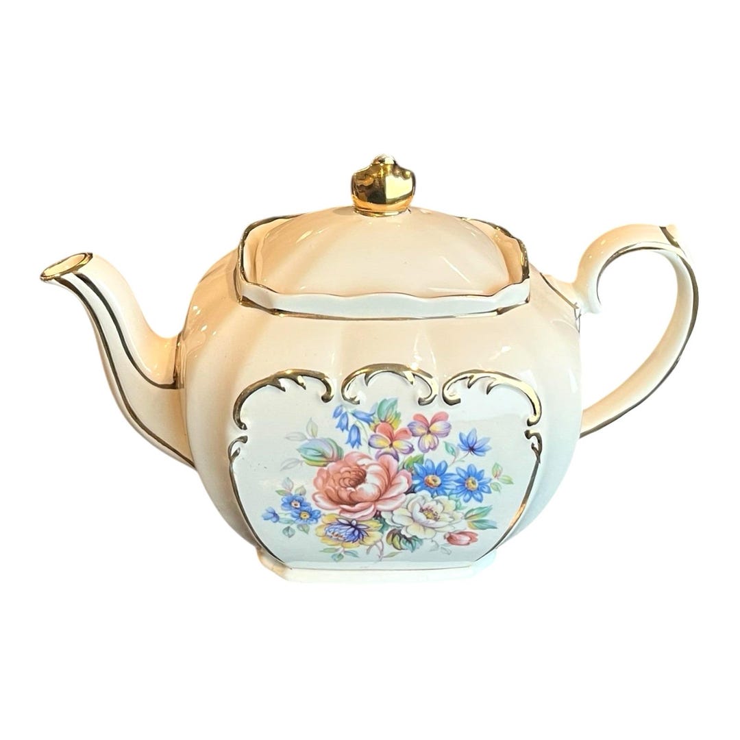 Vintage 1940s Sadler England Cube Teapot Pink Yellow Blue Roses Gold ...