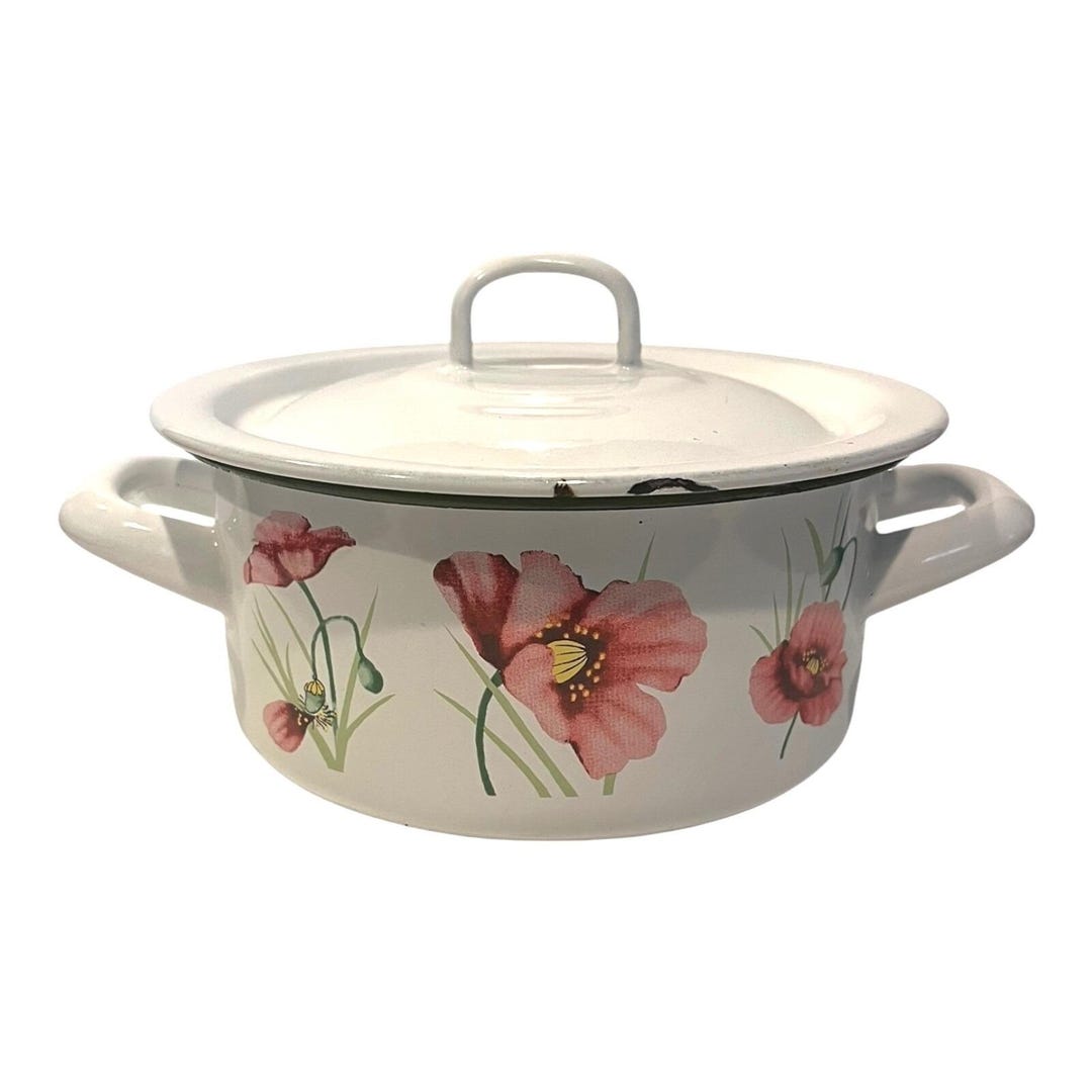 Vintage 6" Enamel Flower Pot W/lid 2 Handle European Europe - Etsy