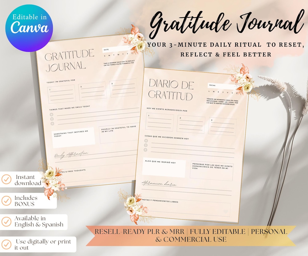Diario de Gratitud Imprimible + Plantilla Canva | Planificador Diario ...