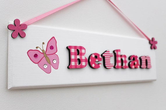 Personalised white and pink wooden door sign for nursery and | Etsy