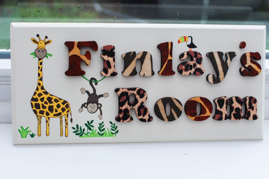Safari Jungle Animal Wooden Bedroom Door Sign for Children, With Raised ...