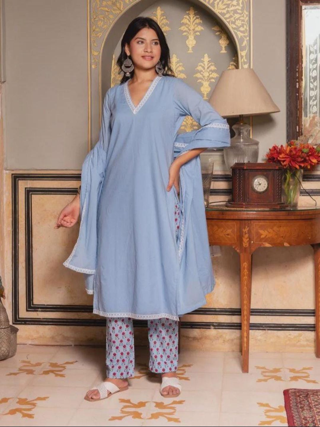 Powder Blue Cotton Embroidered Kurta Set | Indian Ethnic Suit With ...