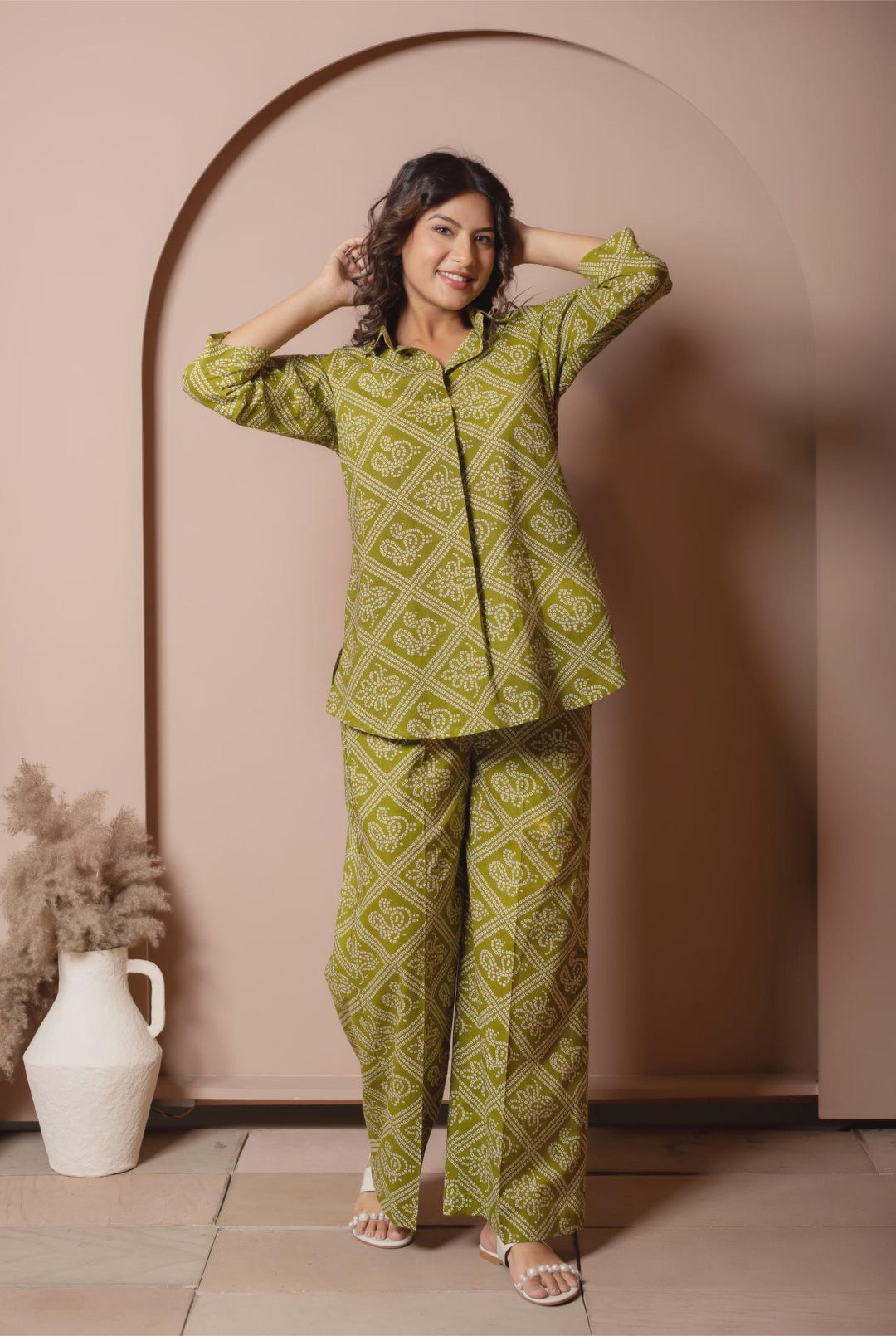 Olive Green Bandhej Cotton Co-ord Set |indian Print Top & Pant| Indian ...