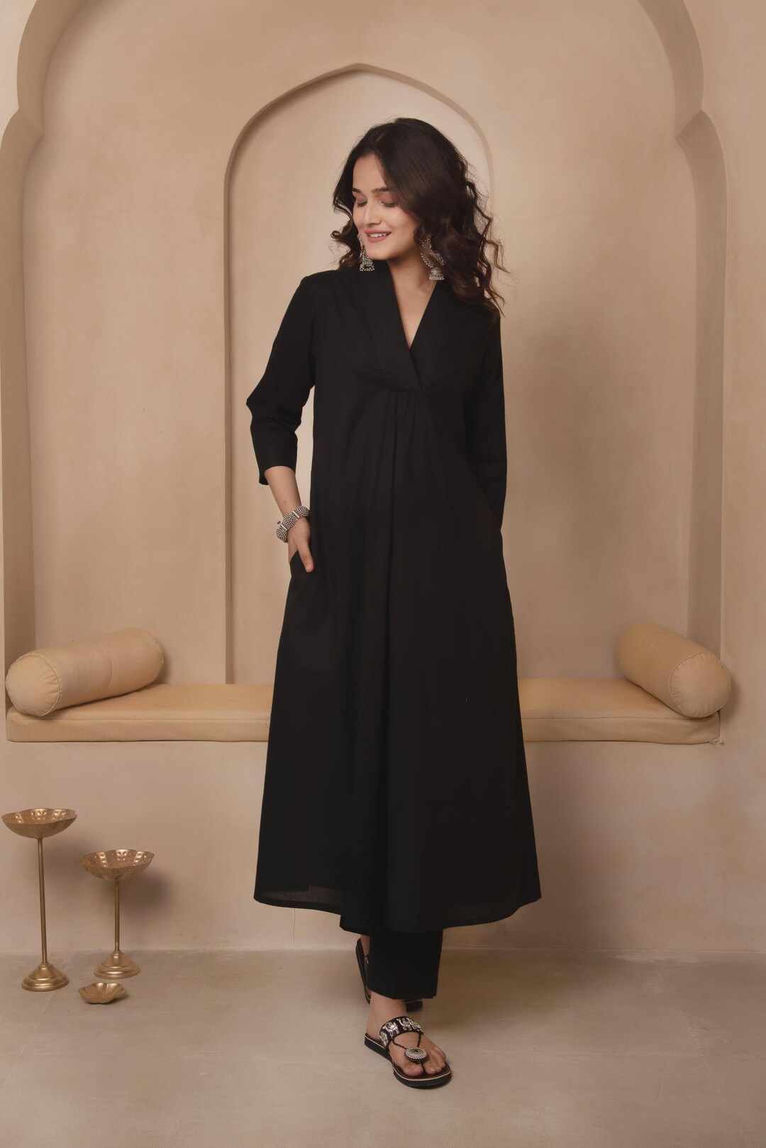 Conjunto Anarkali de algodón negro | Vestido étnico indio hecho a mano ...