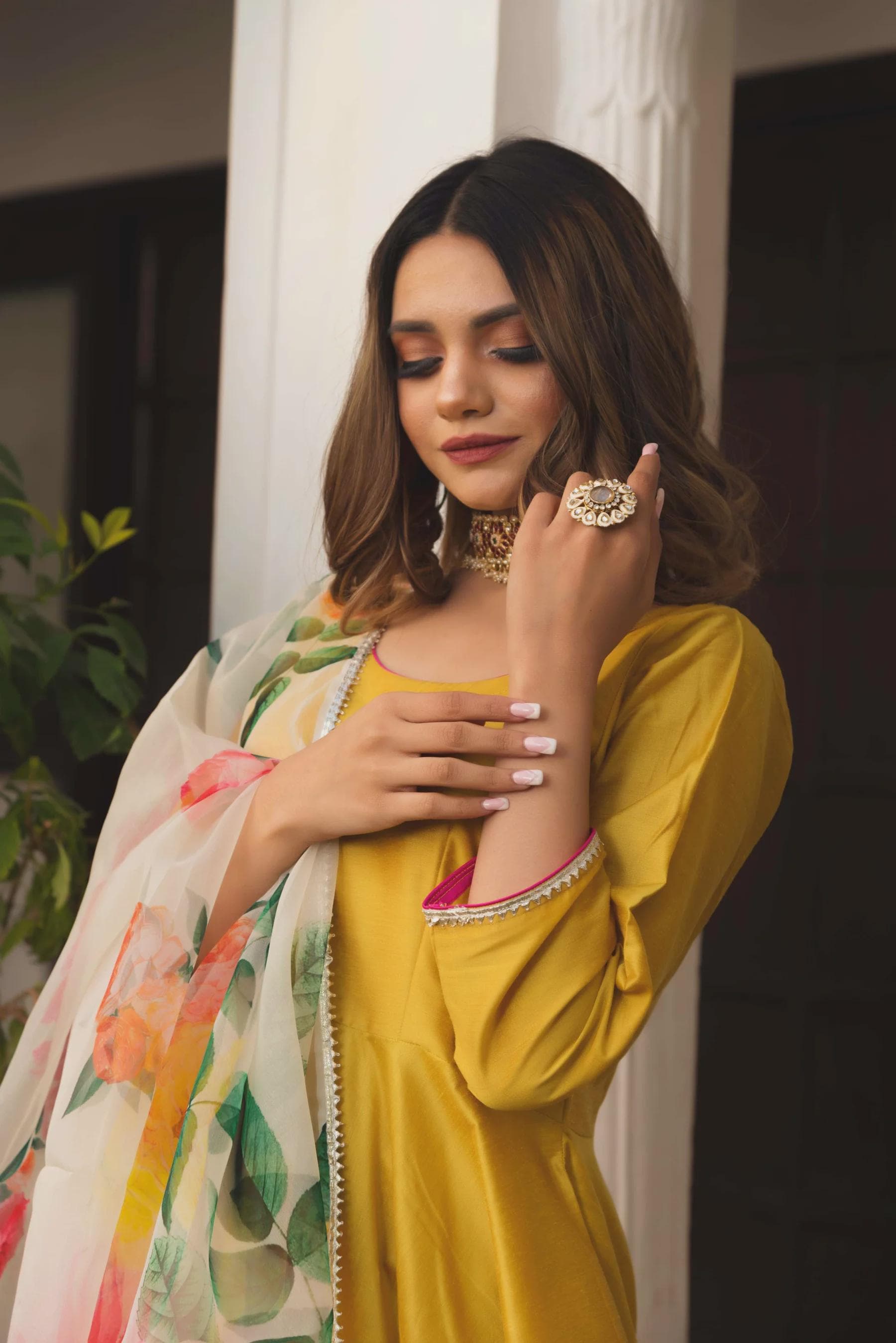 Cotton Silk Yellow Anarkali Dress With Floral Organza Dupatta | Indian ...