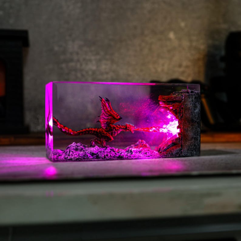 Fire Dragon Resin Lamp – Epoxy Wood Dragon Lamp | Handmade Fantasy ...