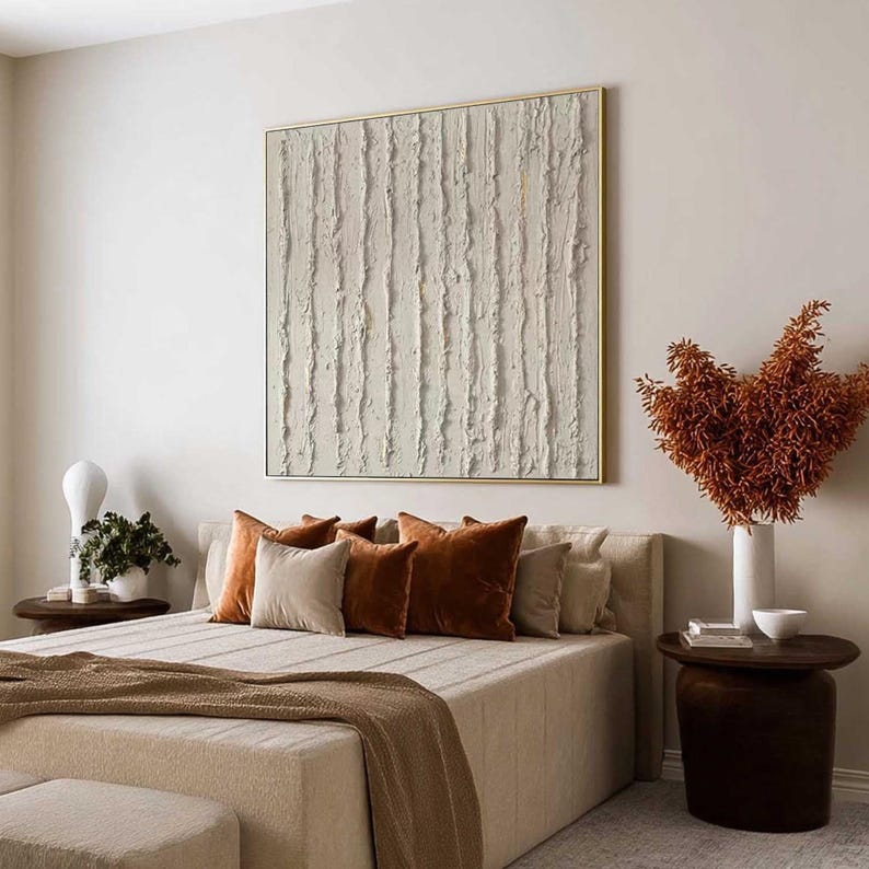 Textured Vertical Lines Abstract Oil Painting, Neutral Beige Tones ...