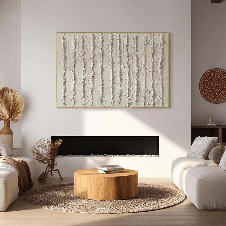Textured Vertical Lines Abstract Oil Painting, Neutral Beige Tones ...
