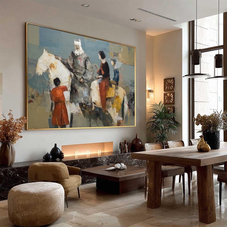 Hand-painted Oil Painting: Medieval Knight, Horse, Family Interaction ...