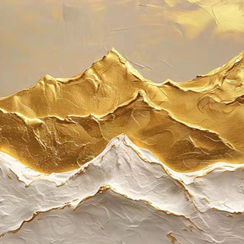 Textured Gold Mountain Landscape Painting, Abstract White Peaks, Modern ...