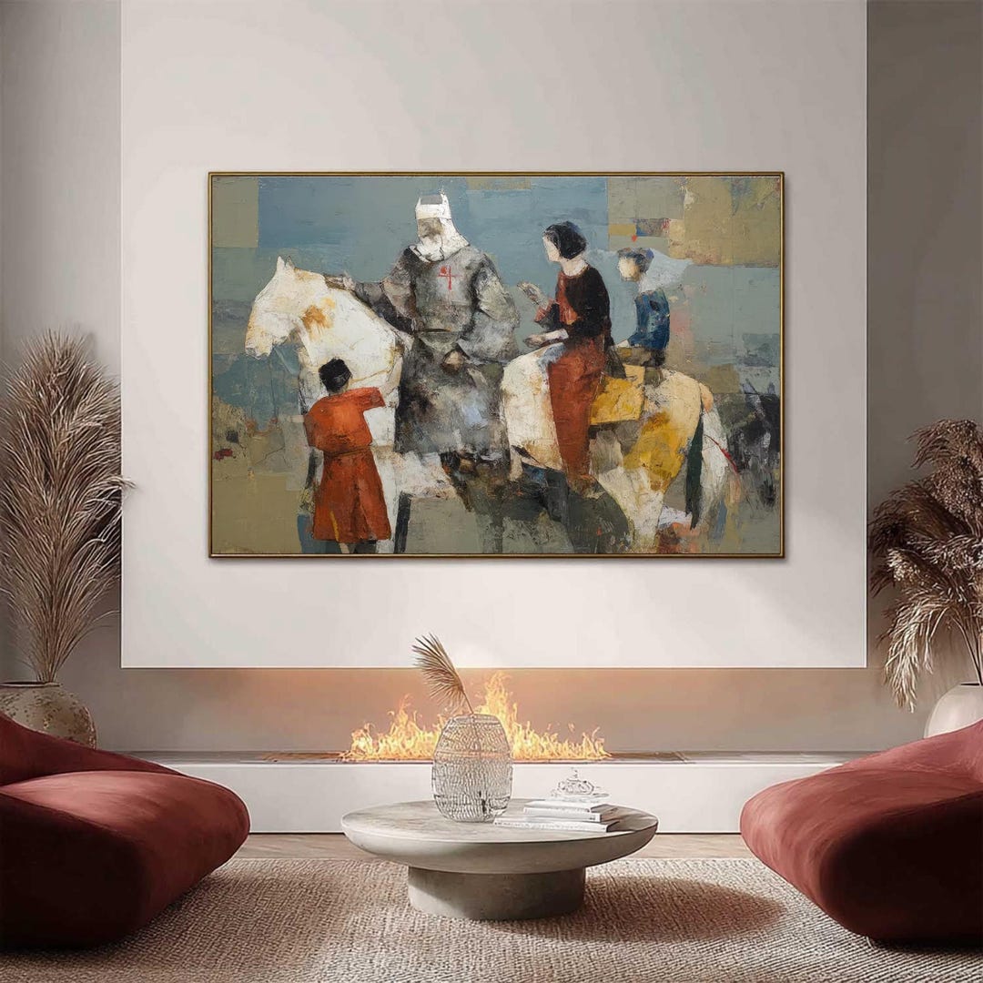 Hand-painted Oil Painting: Medieval Knight, Horse, Family Interaction ...
