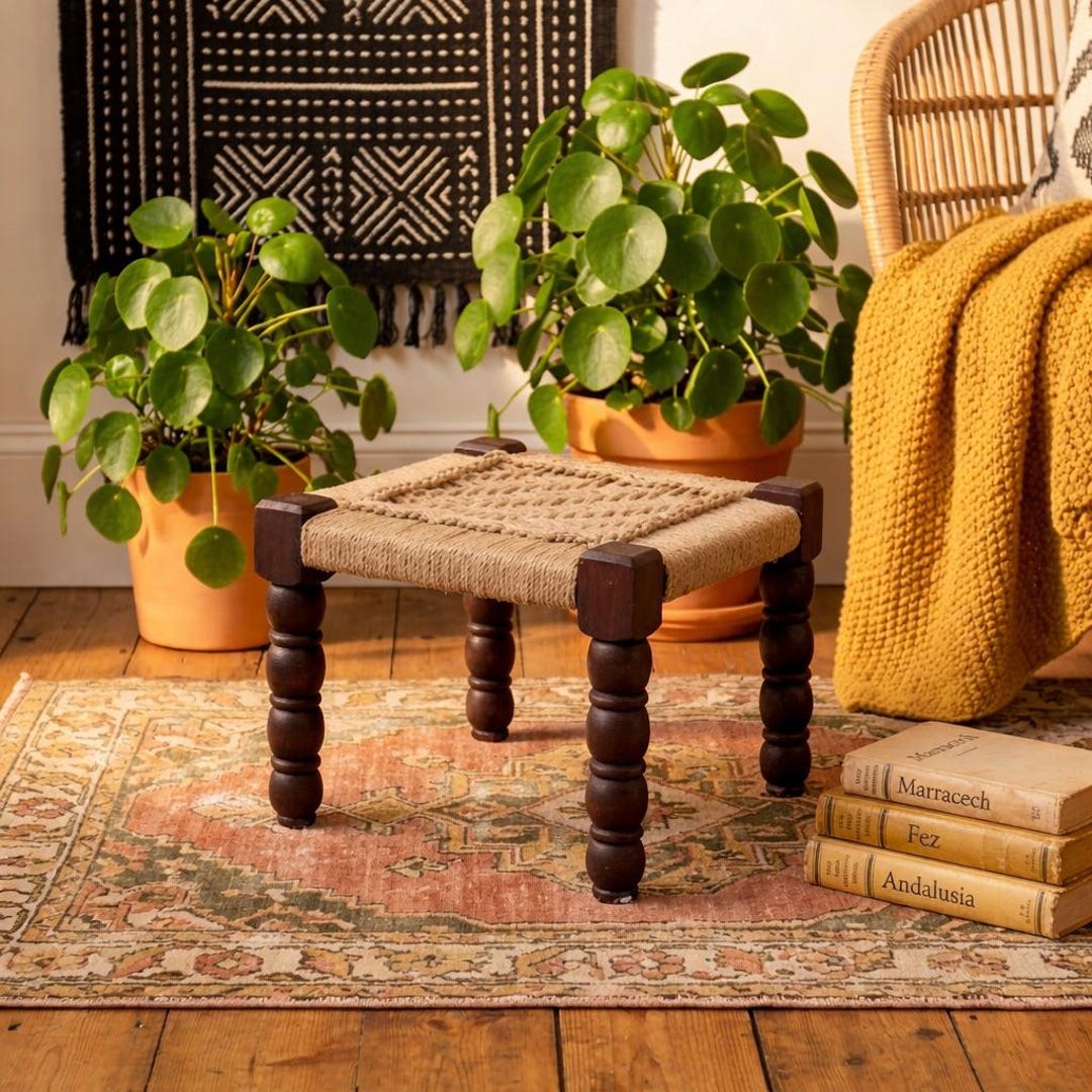 Handcrafted Wood and Jute Woven Stool, Boho Footstool, Indian Charpai ...