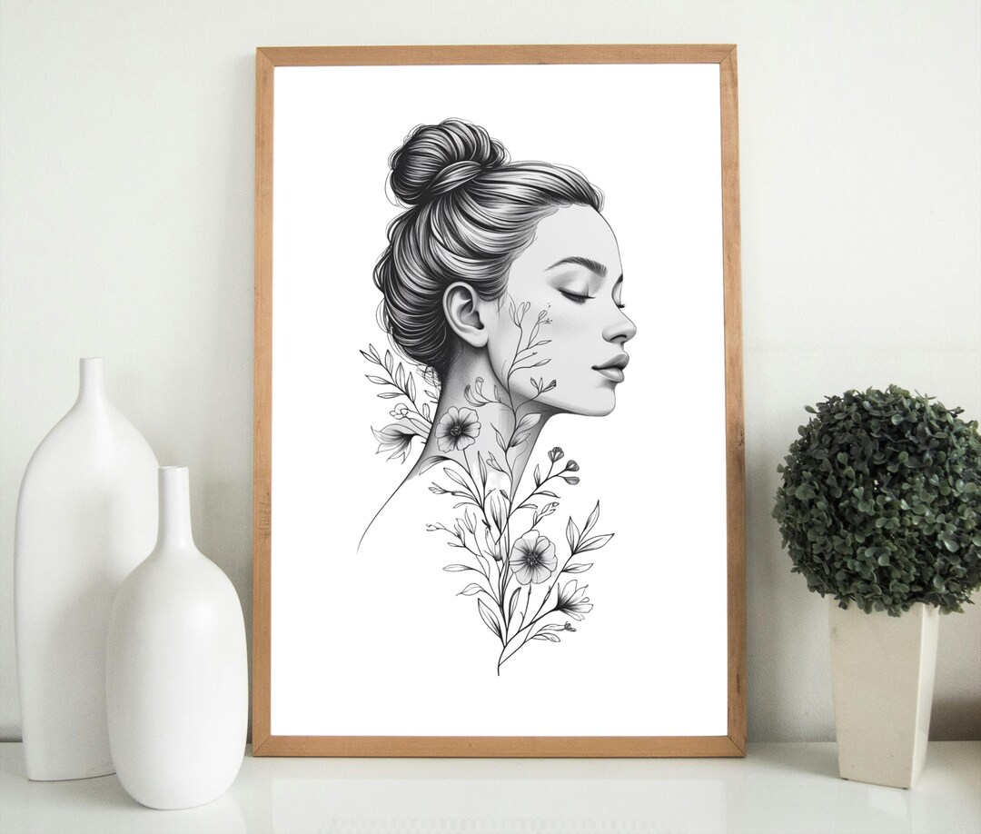 Wall Decor: Artful Woman Line Art Print, Floral Female Face & Body ...