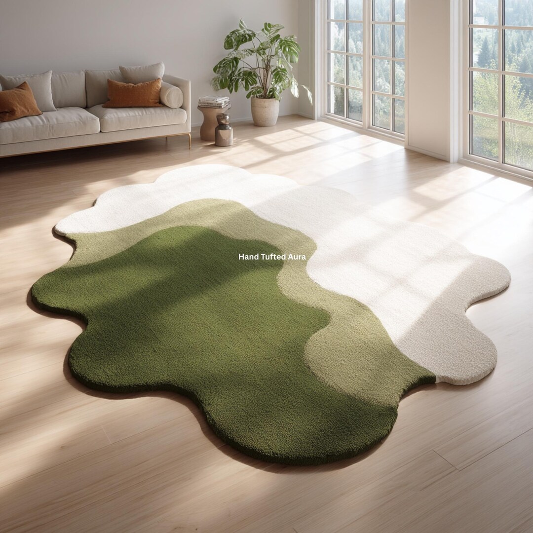 Organic Freeform Abstract Wool Rug | Olive Green & White Hand Tufted ...
