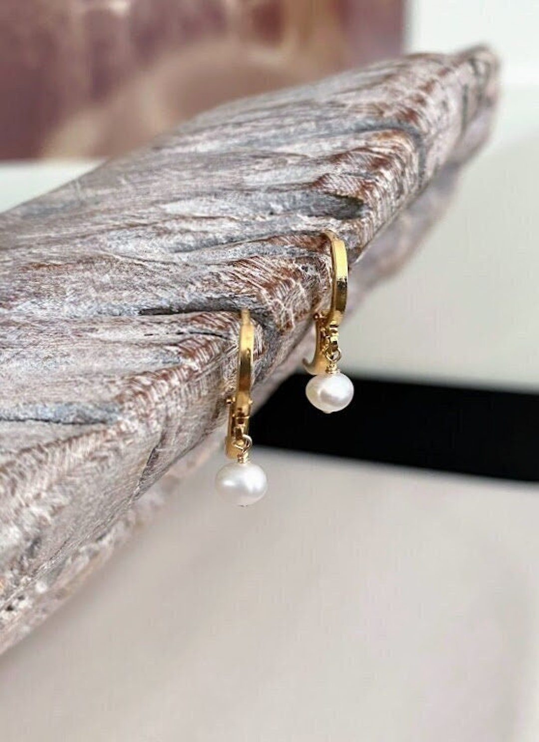 Tiny Freshwater Pearl Dangle Earrings Gold, Petite Pearl Huggies, Ear ...