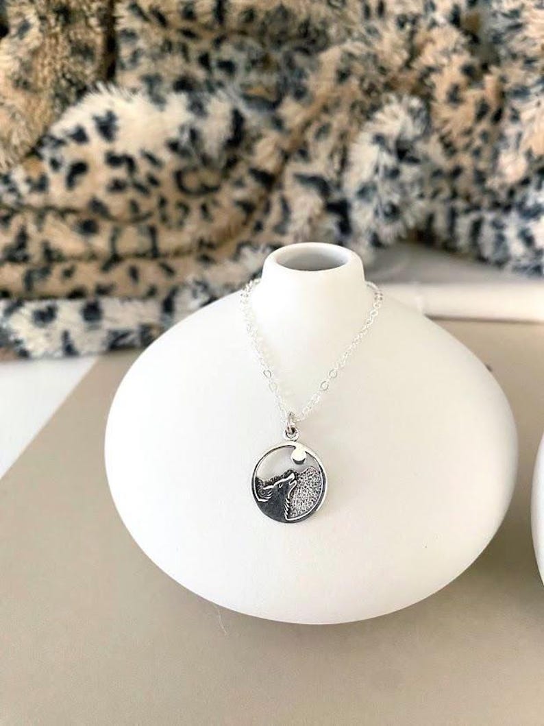Wolf Necklace, Howling Wolf Moon and Mountain Pendant, Sterling Silver ...