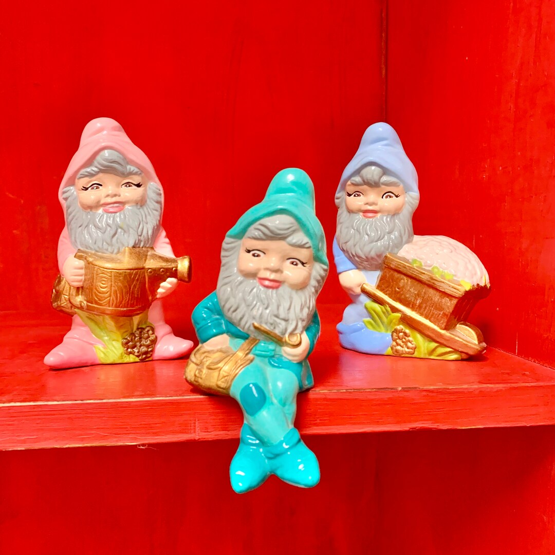 Trio of Hand-painted Ceramic Gnomes, All Holding Garden Tools ...