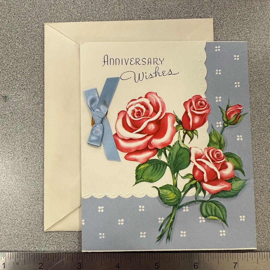Vintage Roses Anniversary Card With Blue Ribbon - Etsy