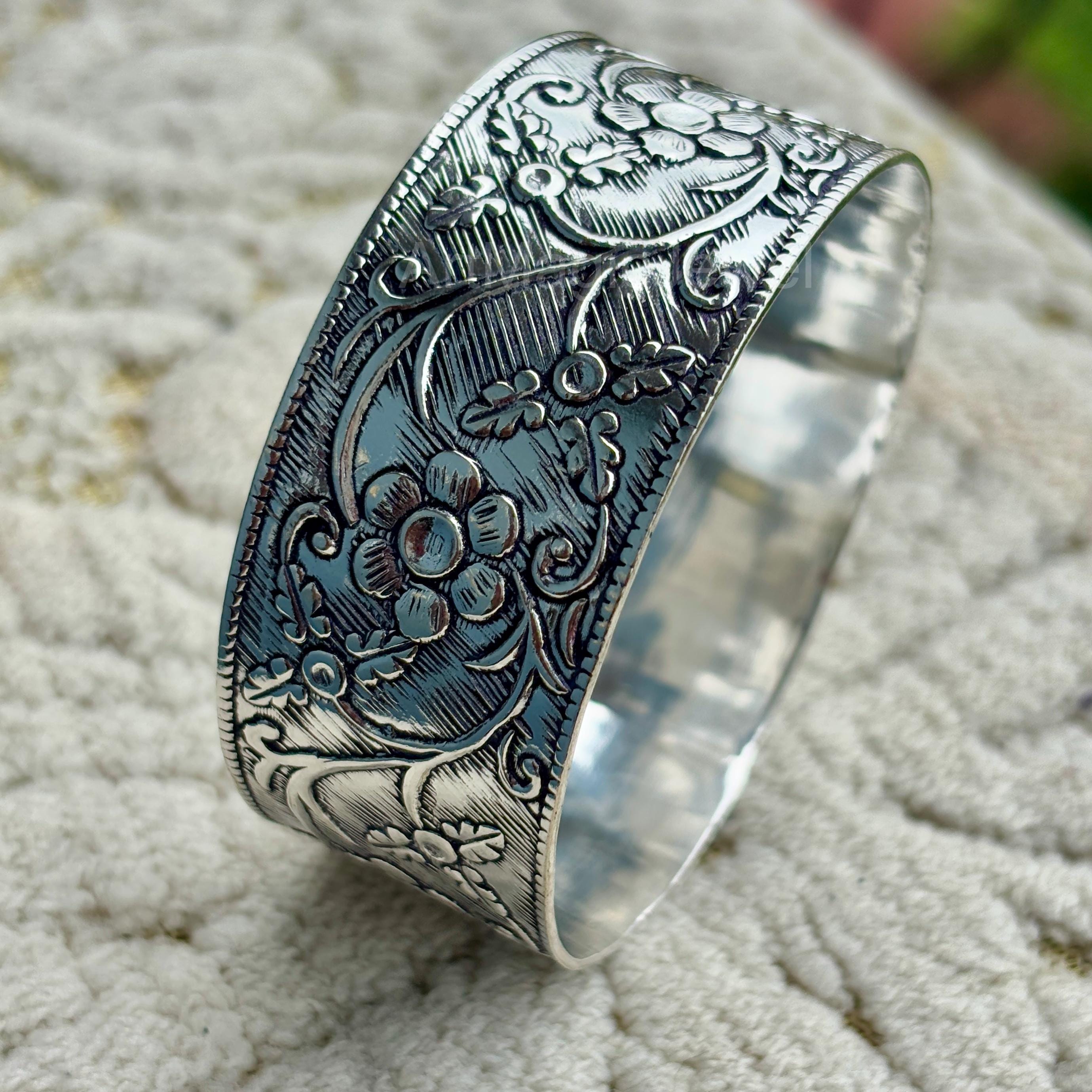 Handcrafted Sterling Silver Wide Cuff Bracelet: Flower Design Bangle - Etsy