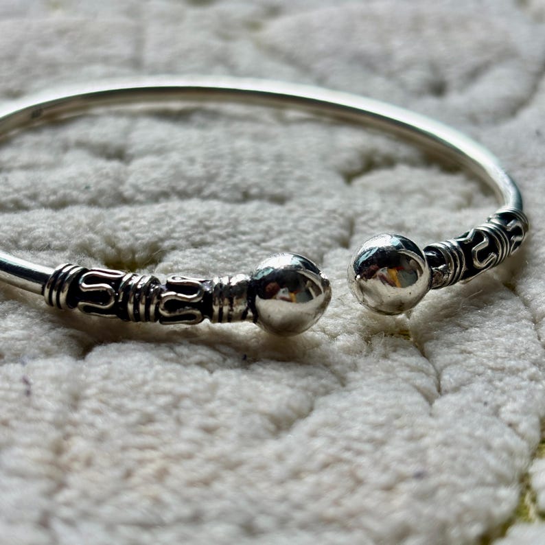Bali Tribal Sterling Silver Ball Bangle: Handmade Oxidized Adjustable ...