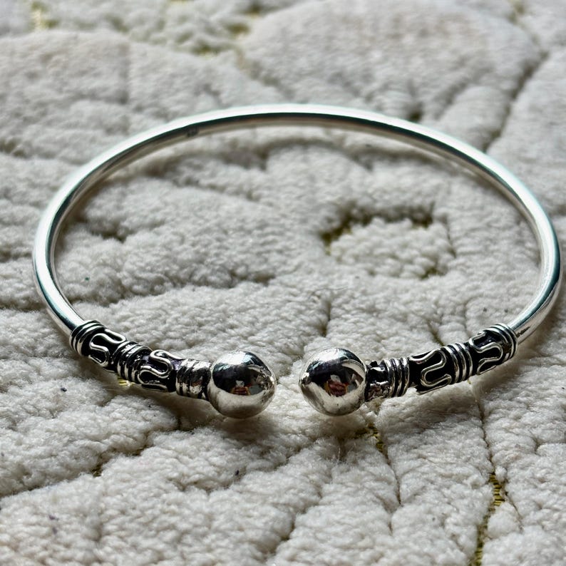 Bali Tribal Sterling Silver Ball Bangle: Handmade Oxidized Adjustable ...