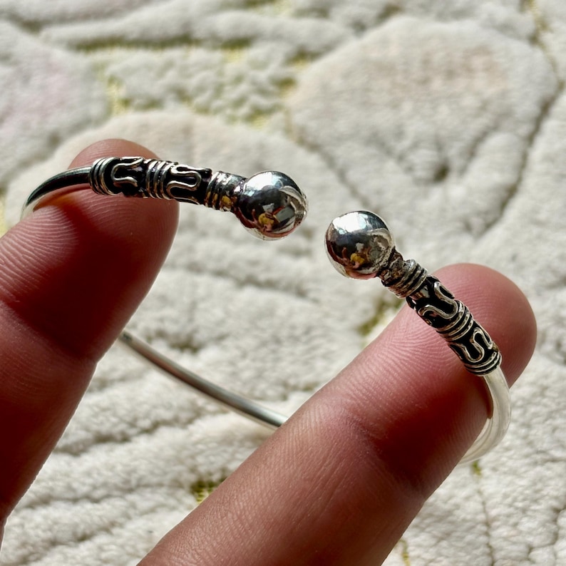 Bali Tribal Sterling Silver Ball Bangle: Handmade Oxidized Adjustable ...