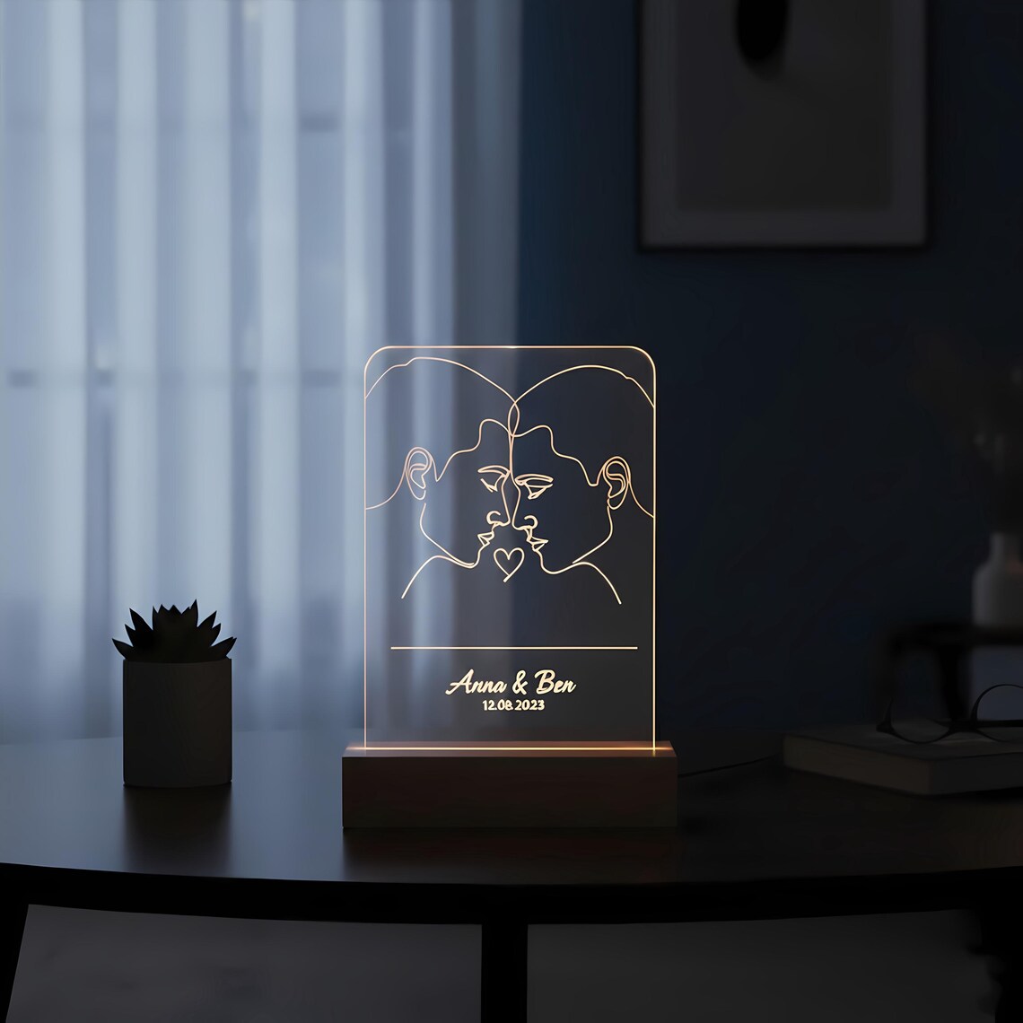 Custom Line Art Couple LED Light, Personalized Names & Date Acrylic ...