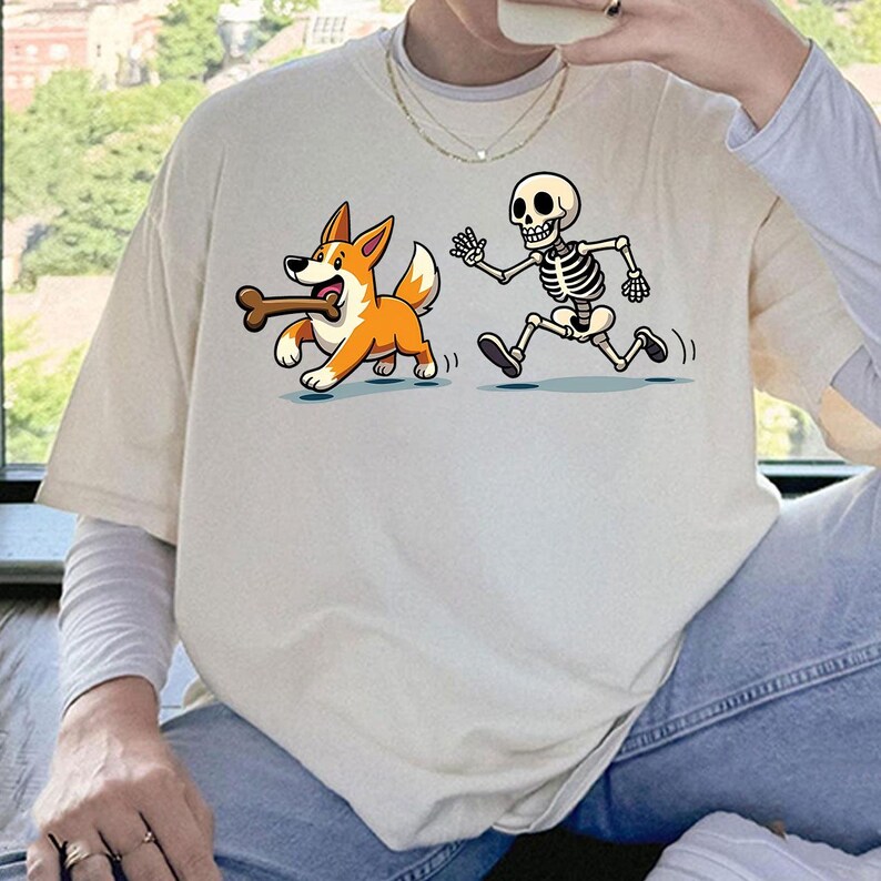 Funny Skeleton Chasing Corgi Png, Cute Dog With Bone Png, Halloween ...
