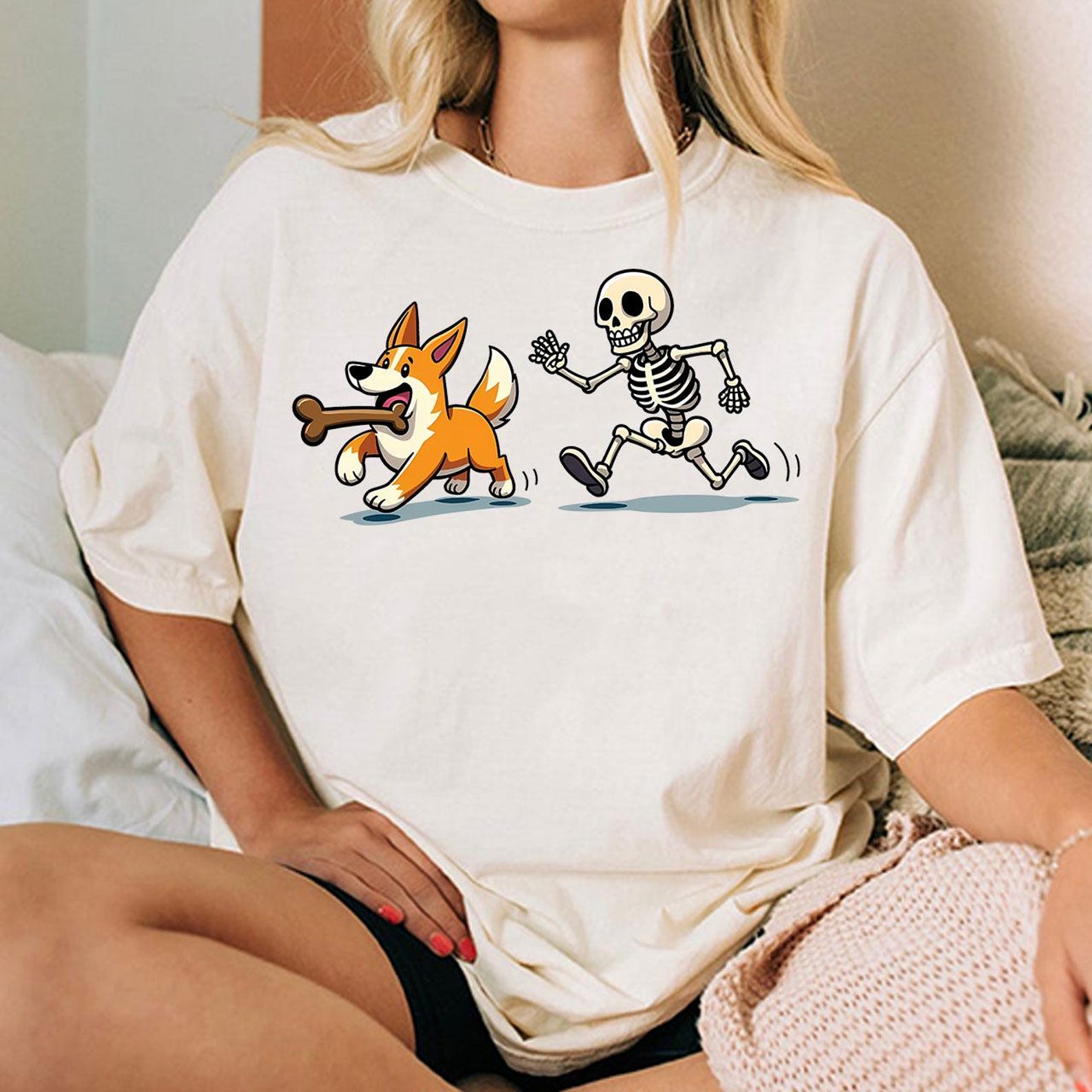 Funny Skeleton Chasing Corgi Png, Cute Dog With Bone Png, Halloween ...