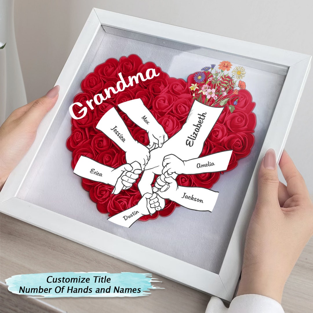 Custom Mom Grandma Kids Hand in Hand Flower Shadow Box, Personalized ...