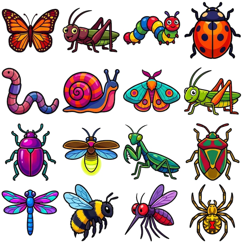 16 Insects Clipart PNG Bundle, Cartoon Style, Digital Download - Etsy