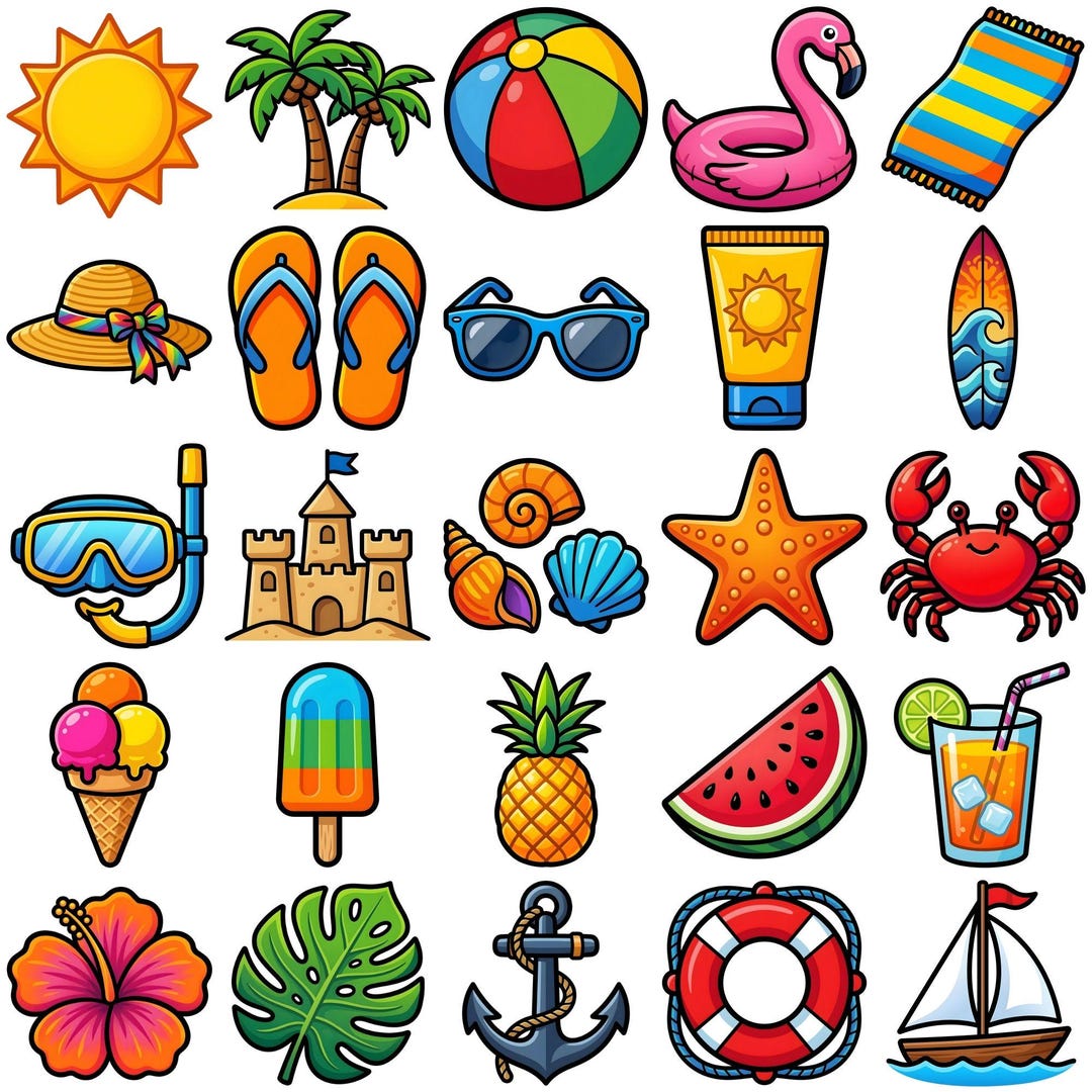 Summer Beach Clipart PNG Bundle, Cartoon Style, Printable Stickers ...