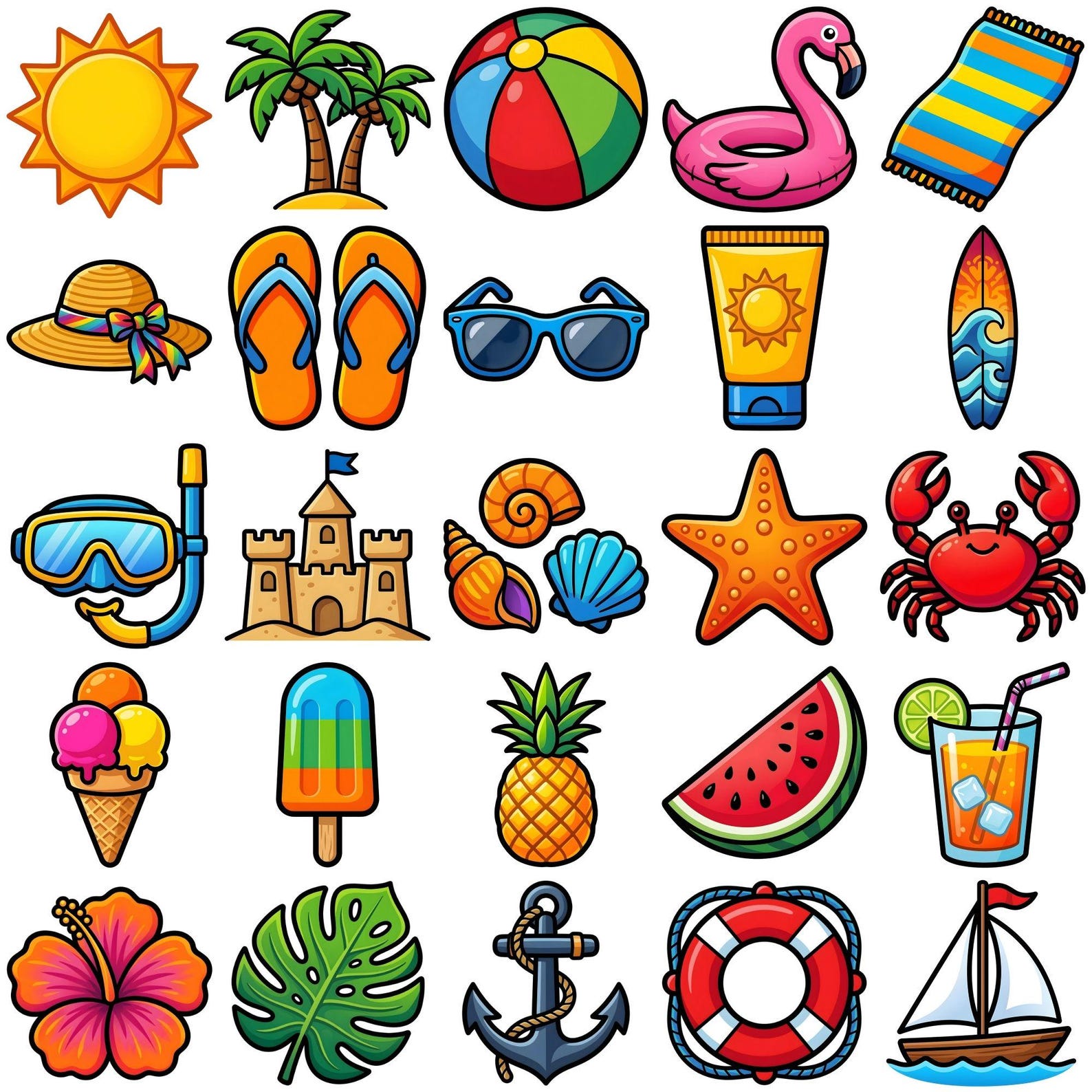 Summer Beach Clipart PNG Bundle, Cartoon Style, Printable Stickers ...