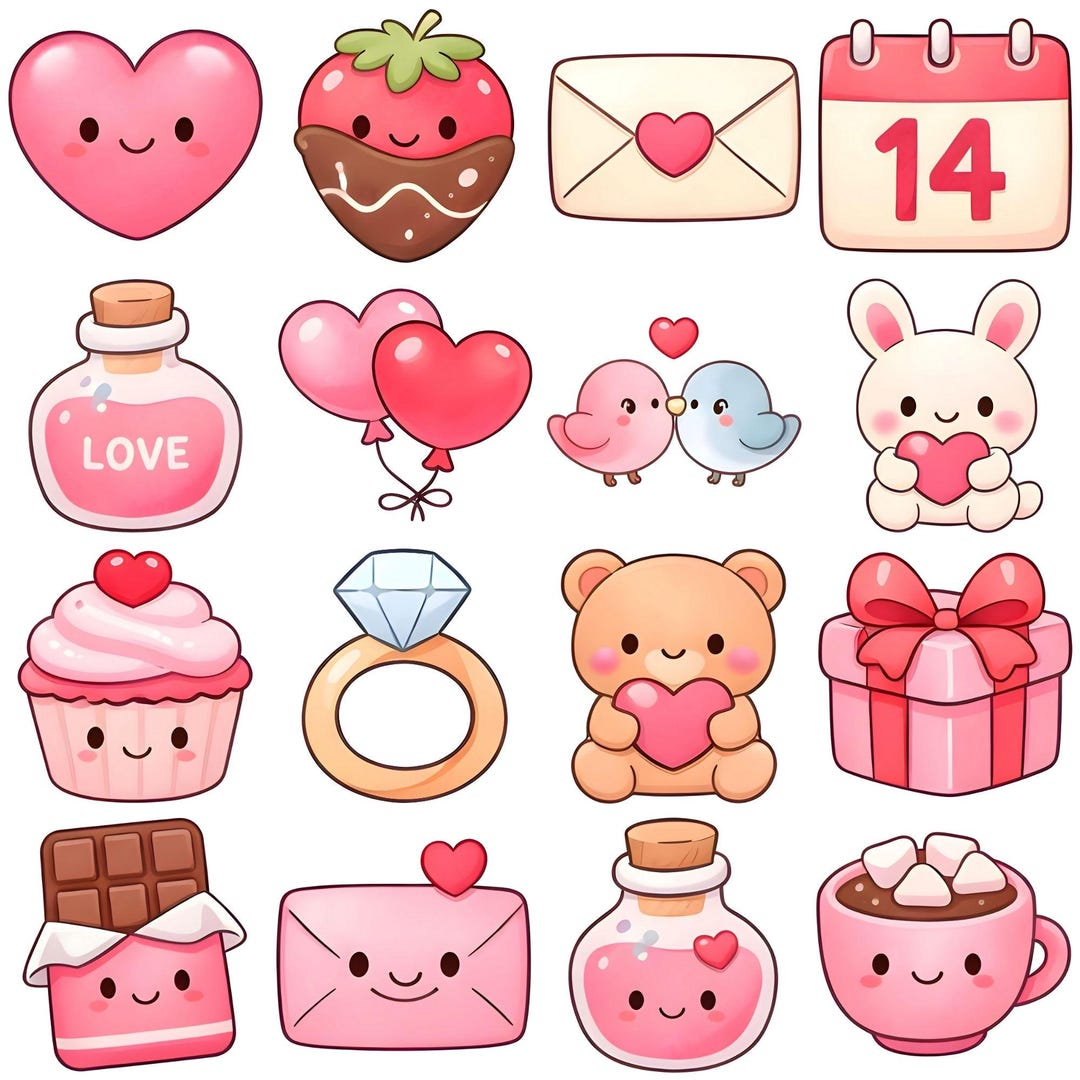 16 Pink Kawaii Valentine Clipart PNG Bundle, Digital Download - Etsy Italia